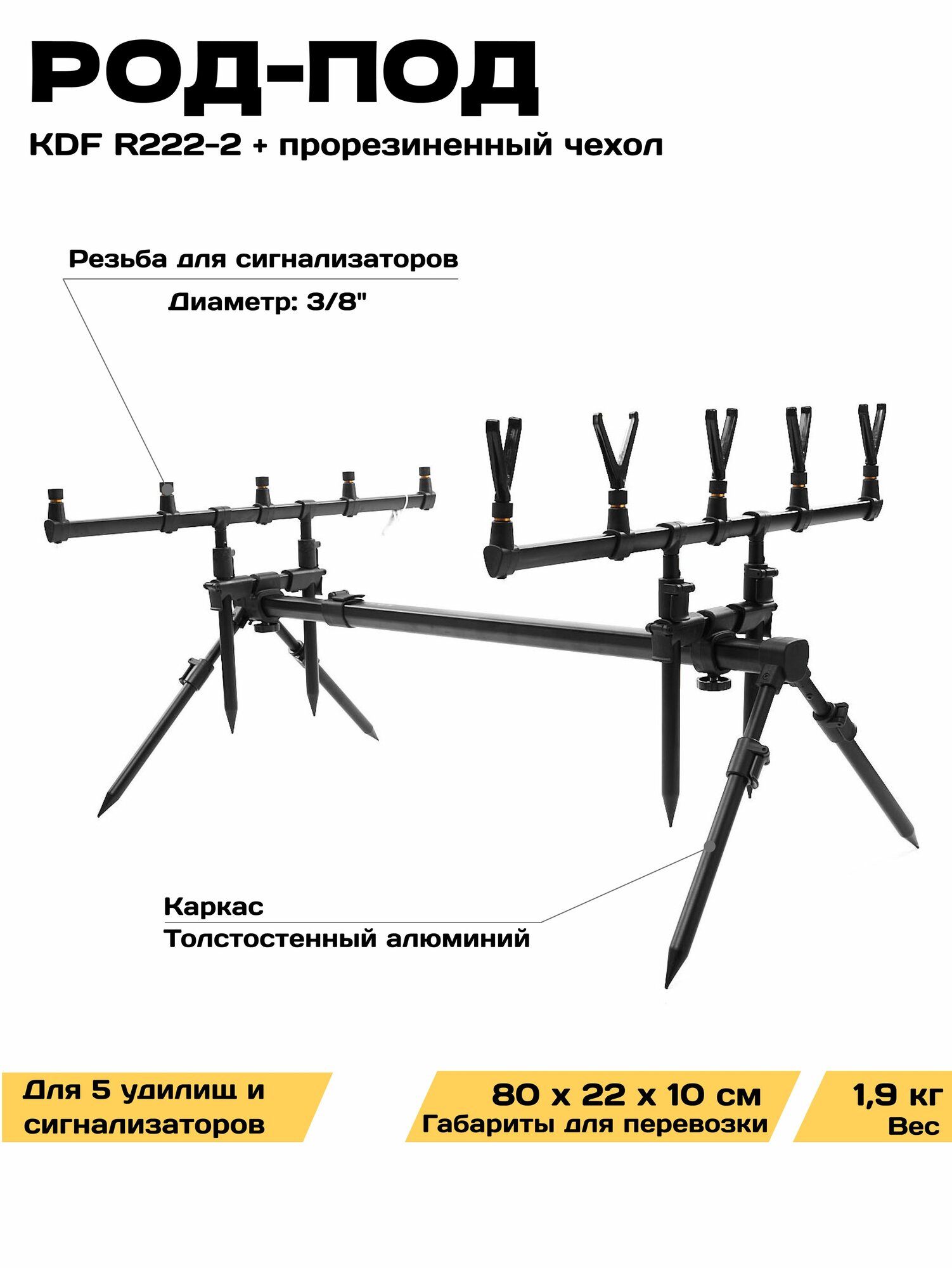 Род-под на 5 удилищ, черный, алюминий, поджимной винт