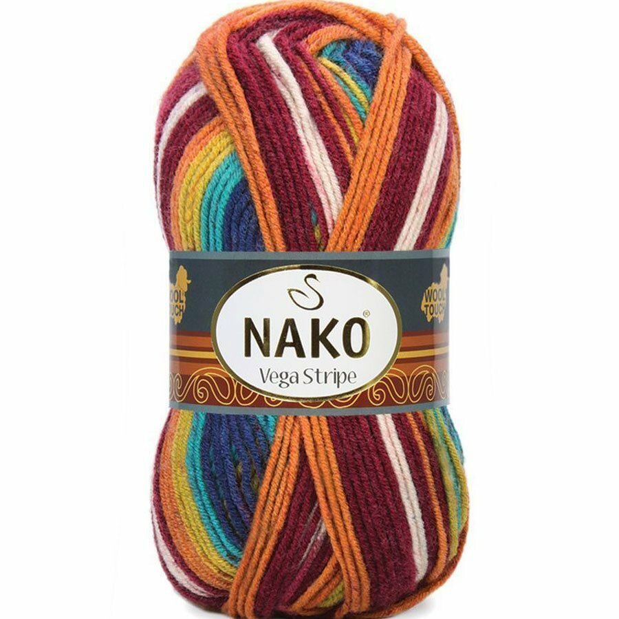Пряжа Nako VEGA STRIPE 82409 оранж/фукс/желт/бир/син (5 мотков)