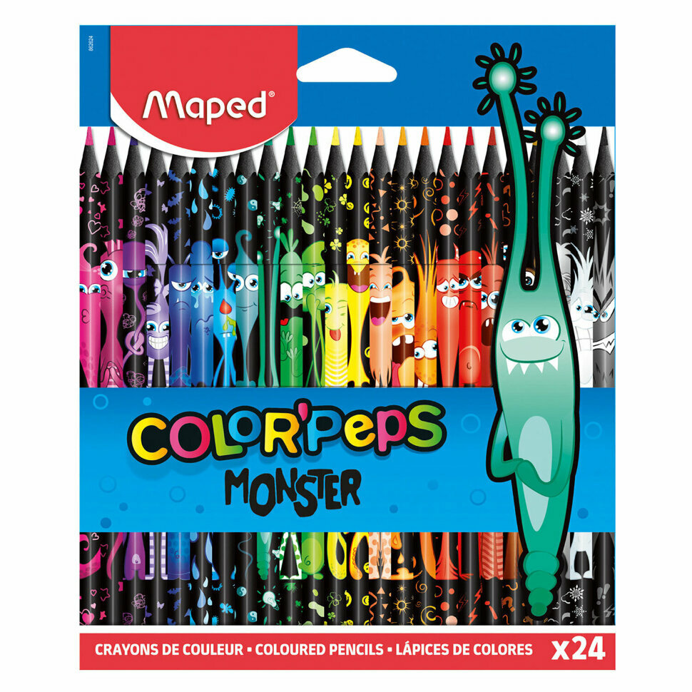 Карандаши цветные MAPED "COLOR PEP'S Black Monster", 24 цвета, трехгранные, 862624, 181987