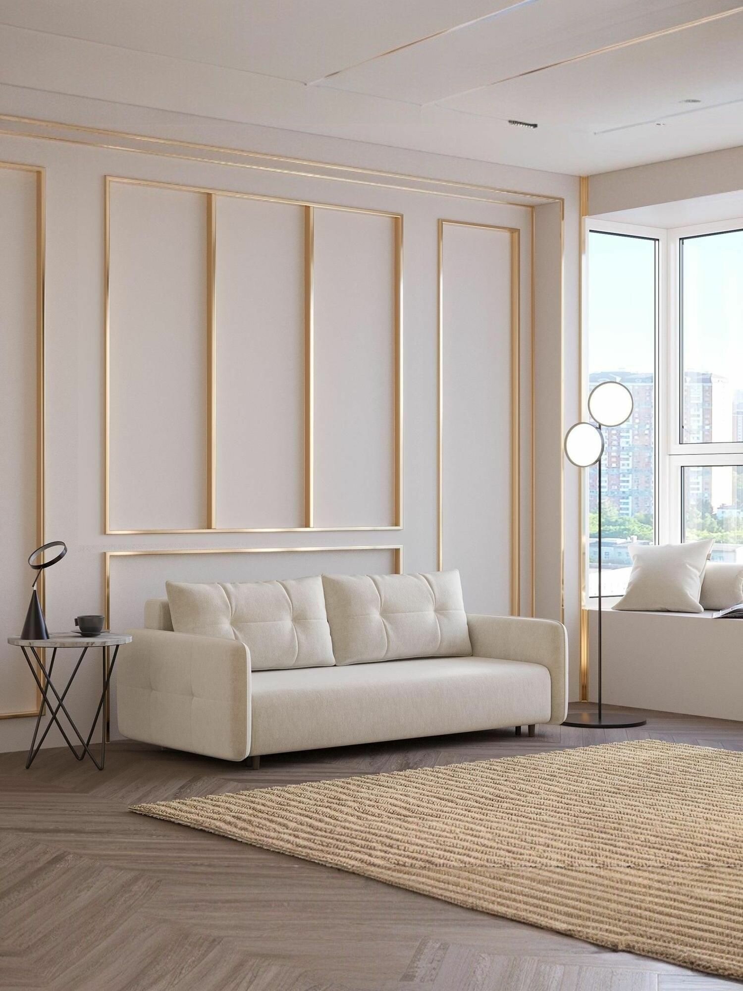 Диван прямой Manons Maison Сканди, раскладной механизм Еврокнижка (Тик-так), Велюр Бежевый, 223х109х76 см