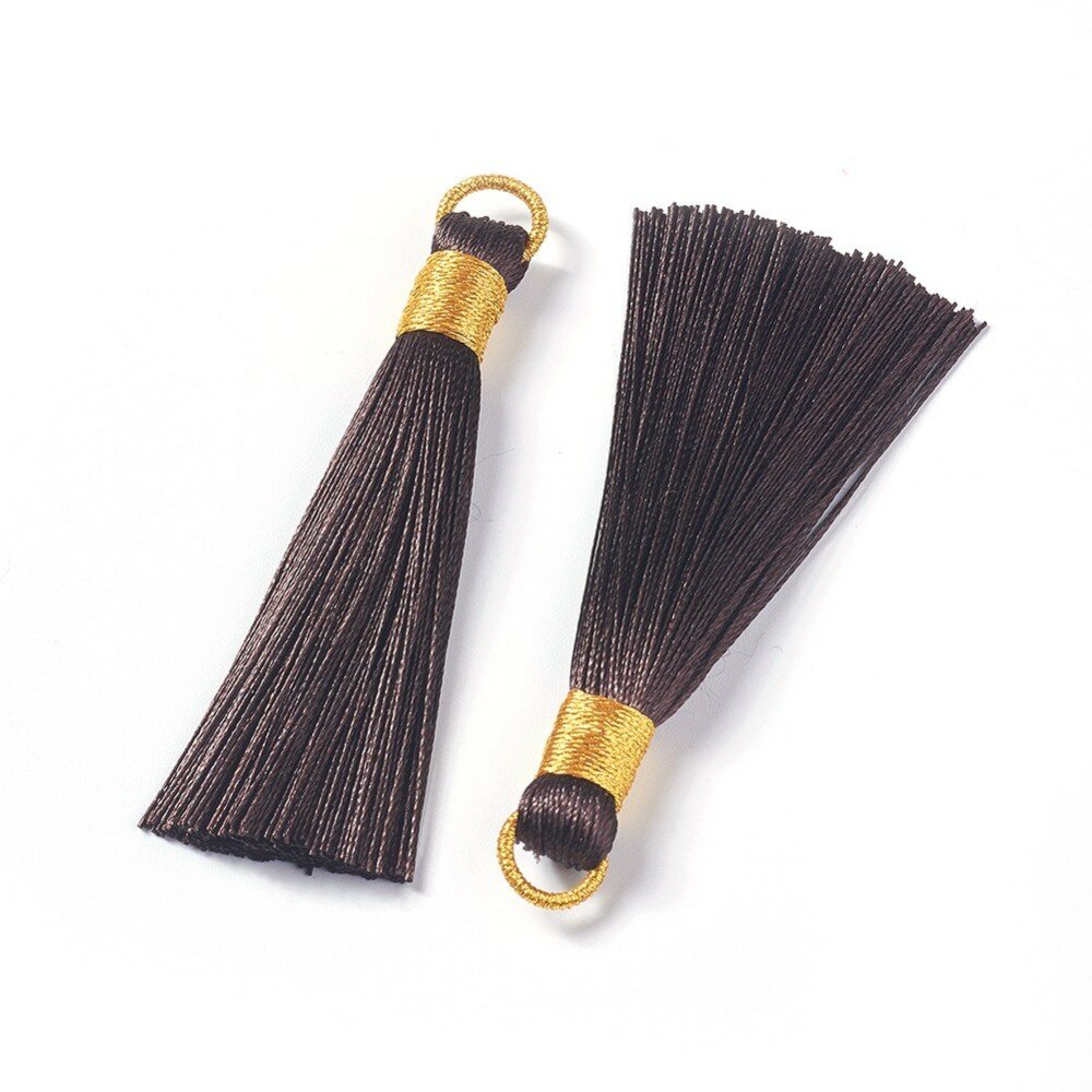 Кисточка декоративная, 80х8мм, нейлоновая, цвет шоколадный с золотым, с металлическим колечком, 2 шт.