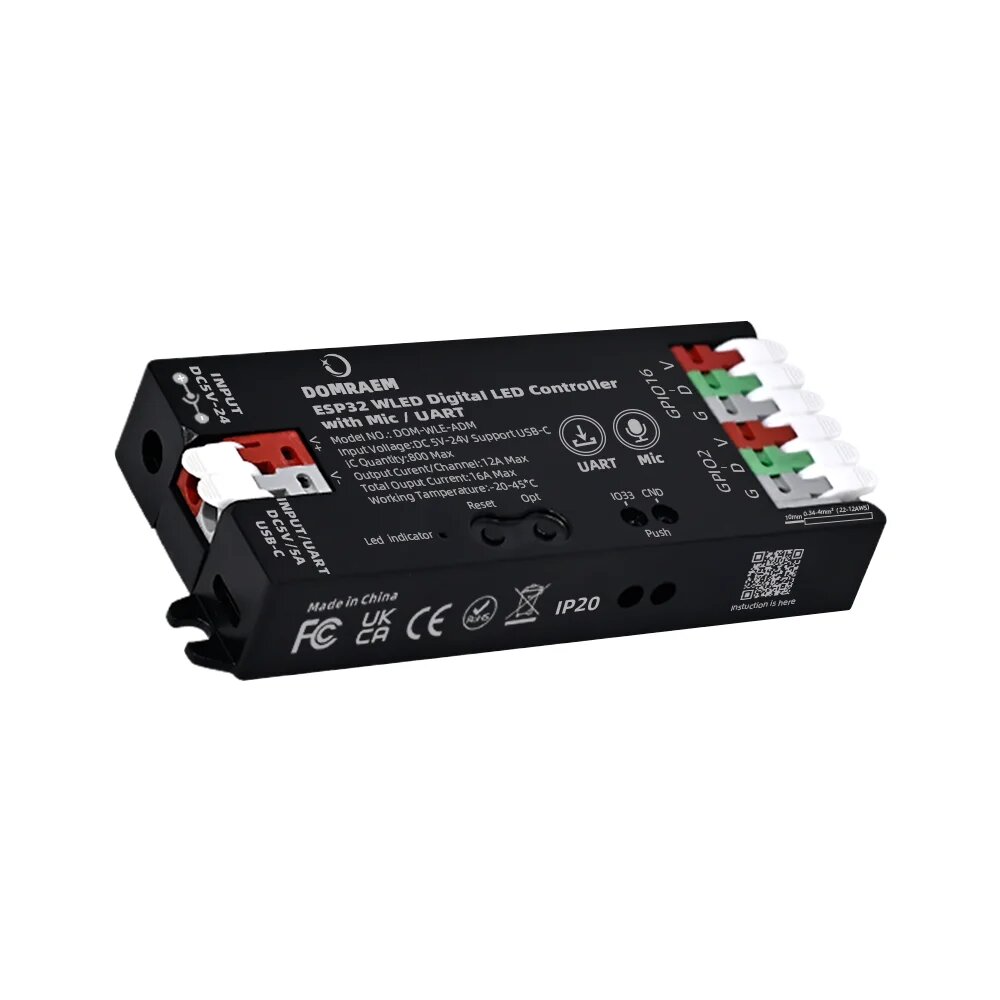 RGB-контроллер DOMRAEM ESP8266/ESP32 USB-C Черный, Black ESP32 Mic UART