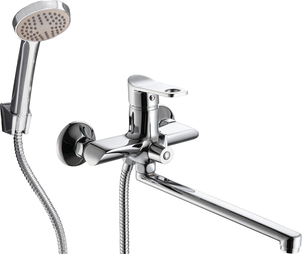Смеситель с длинным изливом для ванны РМС SL137 SL137-006E с душевым гарнитуром, поворотный, металлический, из нержавеющей стали, хром, глянцевый, смеситель для ванны с душем, рычажный, с настенным де