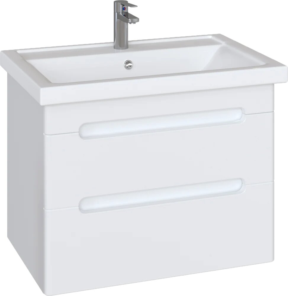 Тумба с раковиной SanStar Адель 70 подвесная, 71 см, белая, глянцевая, из МДФ, с ящиками, раковина для ванной фарфоровая, прямоугольная, встроенный слив-перелив