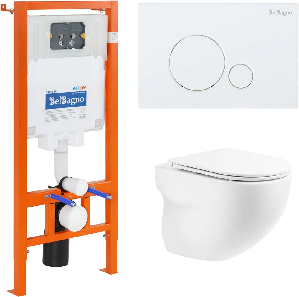 Комплект Унитаз подвесной BelBagno Onda BB066CHR безободковый, крышка BB870SC, инсталляция BB002-80 с кнопкой BB014-SR-BIANCO