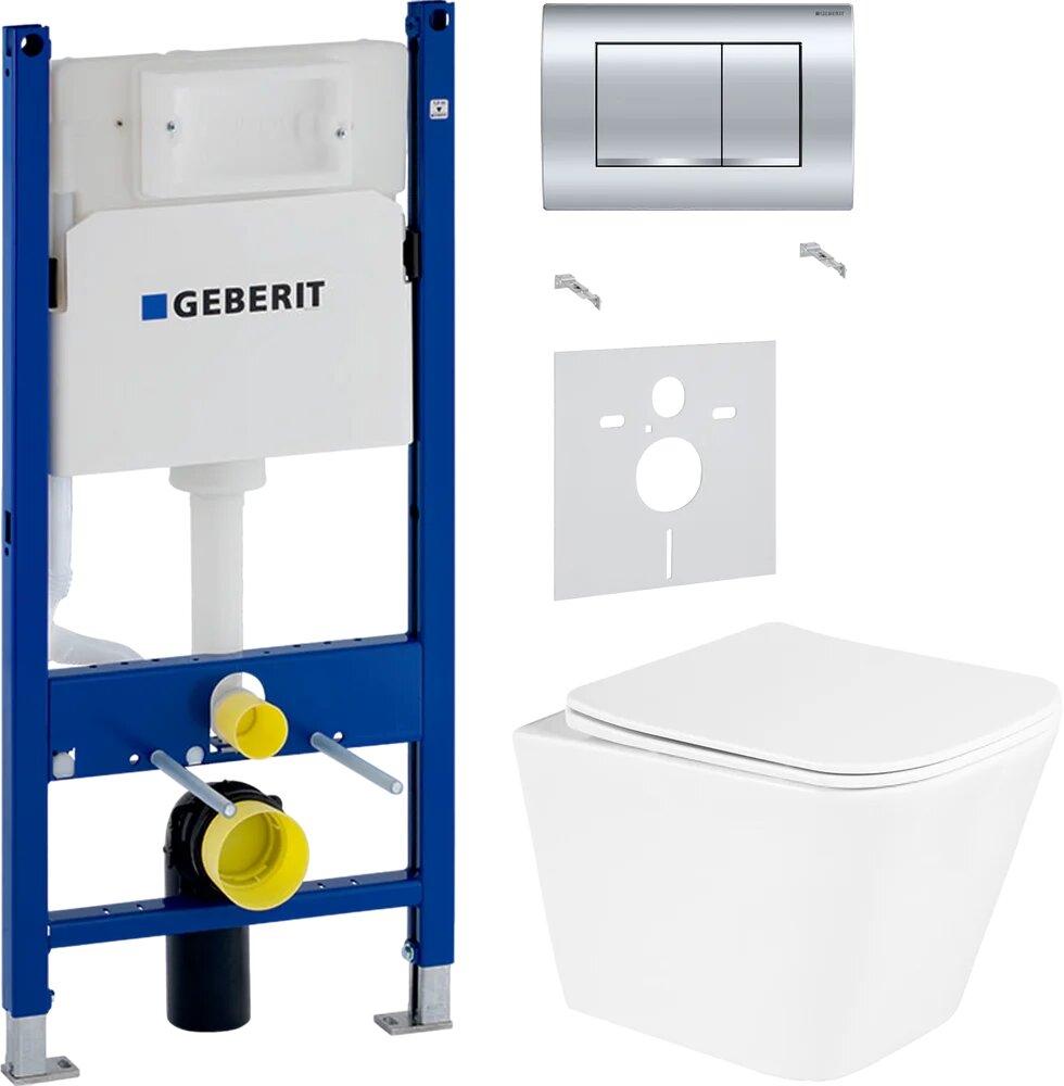 Комплект 3 в 1 Унитаз подвесной BelBagno Due BB3103CHR/SC / Звукоизоляция Geberit 156.050.00.1 / Инсталляция с кнопкой Duofix Delta 458.163.21.1 цвет хром