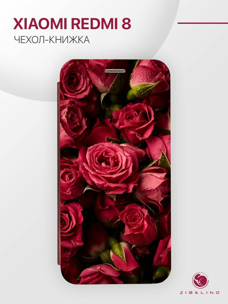 Чехол для Xiaomi Redmi 8 с рисунком, защитный, с магнитом, бордовый с принтом красные розы / Ксиоми Редми 8