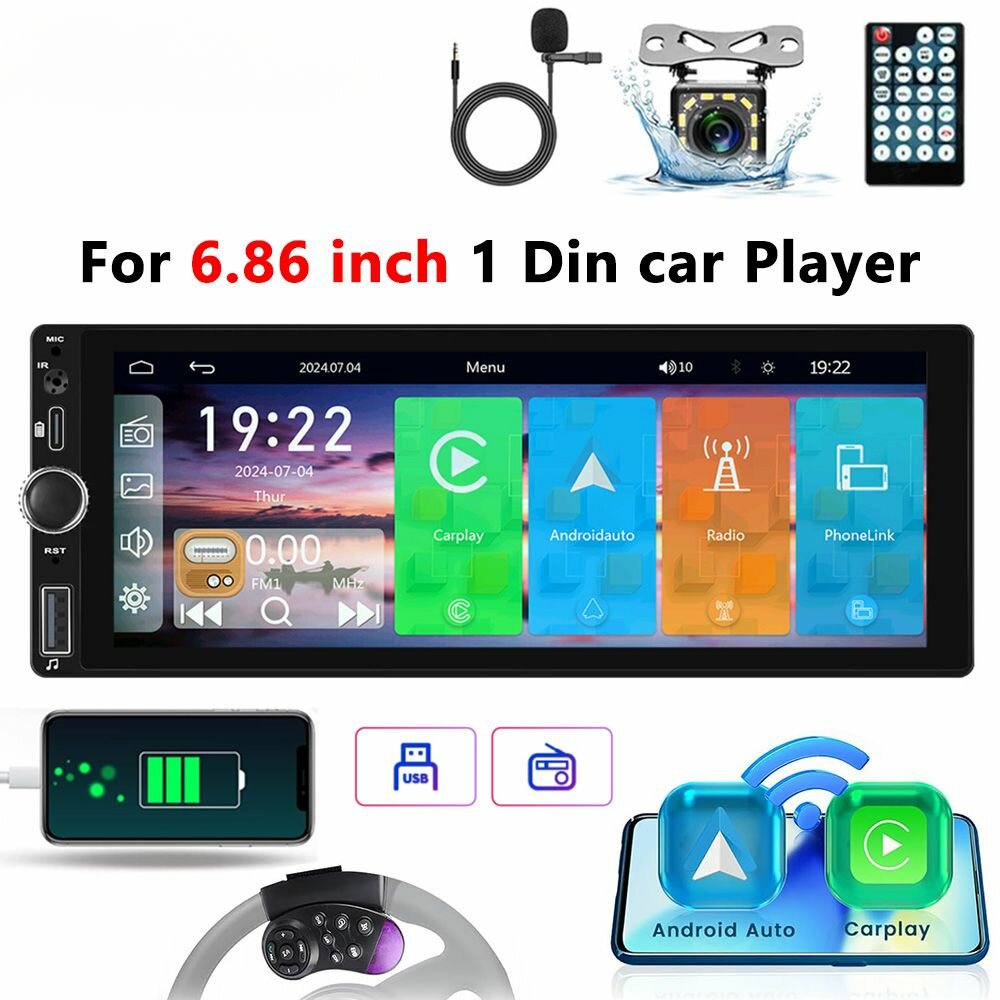 Магнитола для Автомагнито 1 DIN Android Auto Carplay 6.86-дюймовое головное устройство Android FM RDS WIFI