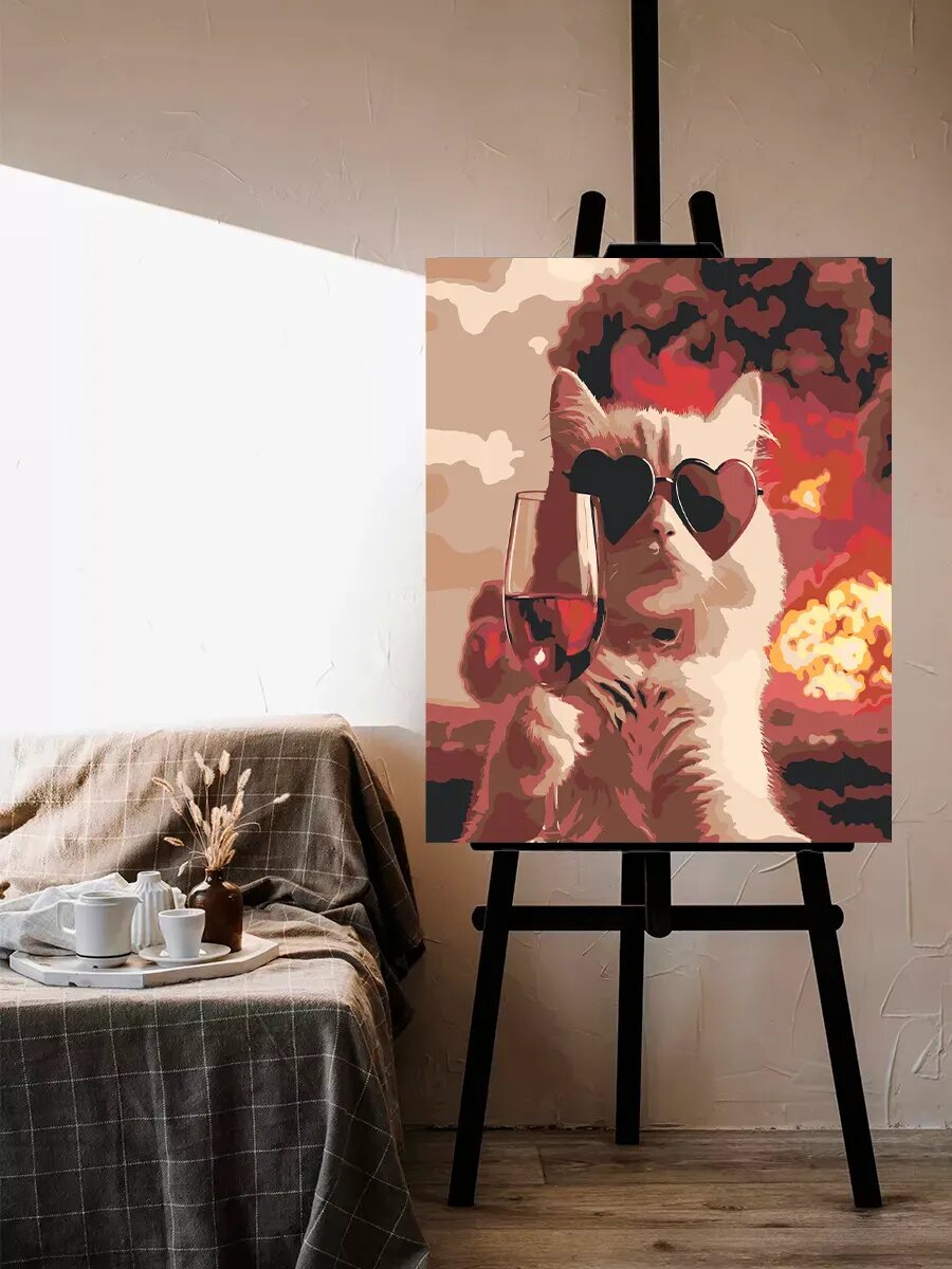 Картина по номерам Кот с Вином в Розовых Очках Животное