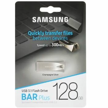 Память USB Flash 128 ГБ Samsung BAR Plus (MUF-128BE3/APC) - USB 3.2 Gen1, до 300 Мбайт/сек, монолит, металл
