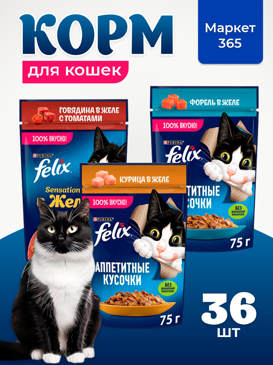 Корм для кошек влажный, Felix желе, Набор: курица, говядина с томатами, форель. 36 шт x 75 г