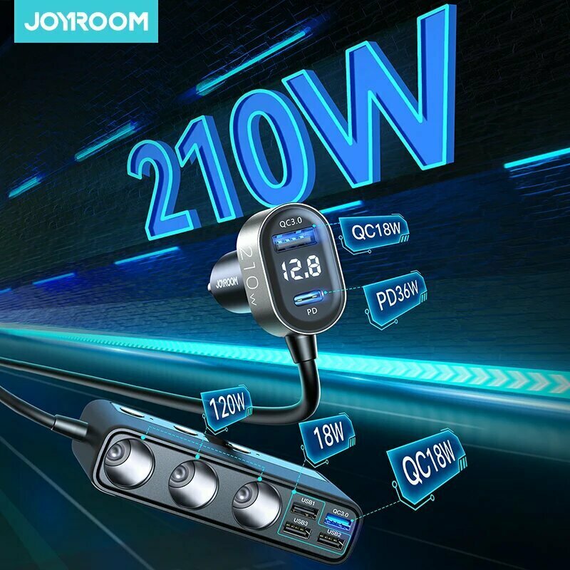 Joyroom 9 в 1 210 Вт Автомобильное зарядное устройство Адаптер PD 3 Разъем Прикуриватель Разветвитель заряда Независимые переключатели Розетки для сигарет постоянного тока