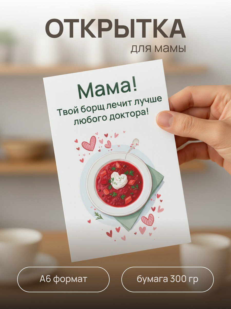 Открытка маме "Мама Тарелка борща" от Тепло в конверте на День Рождения, 10,5x14,8 см, в конверте