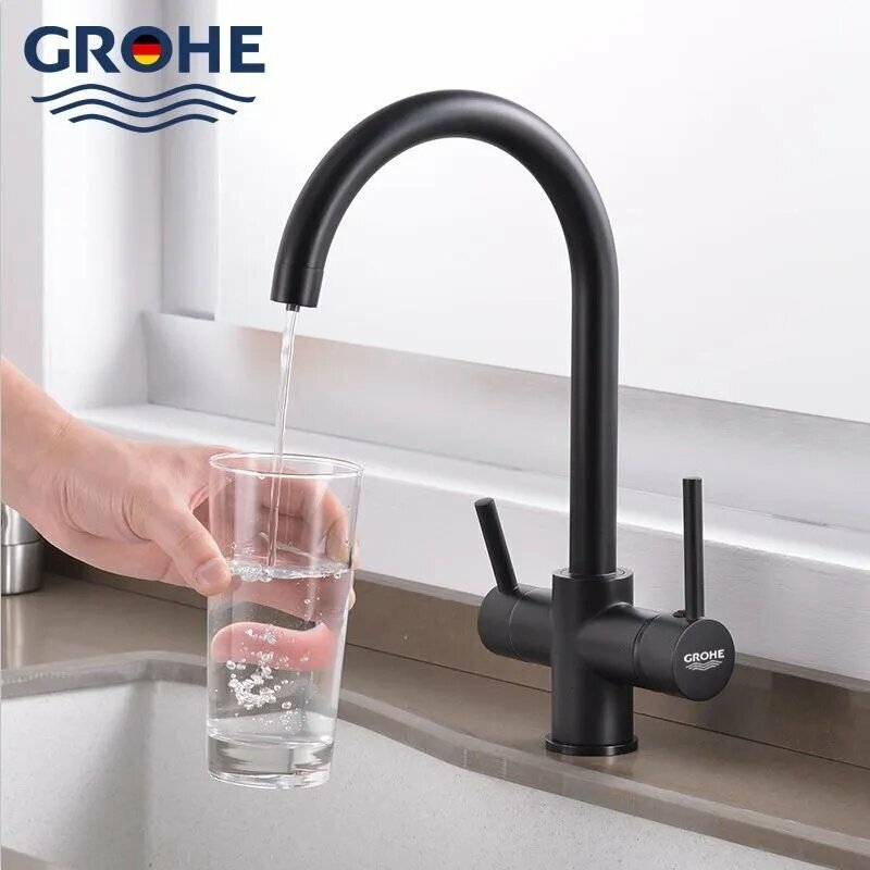 Новый кухонный смеситель GROHE с подключением фильтра питьевой воды, черный