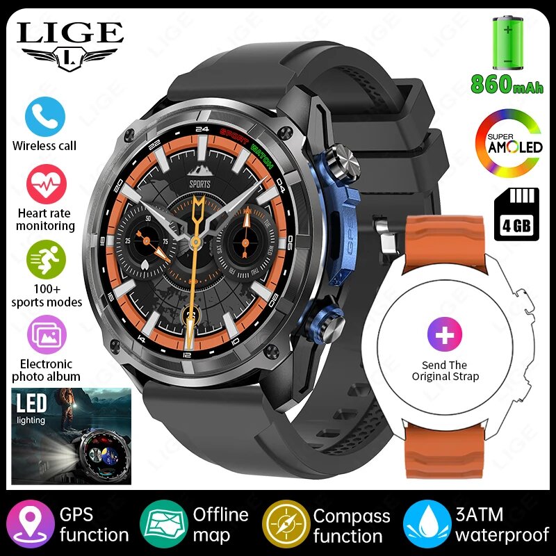 LIGE 2025 New GPS Smart Watch Outdoor Sports Fitness Flashlight 860mAh AMOLED Men 3ATM Waterproof Bluetooth Call Smartwatch