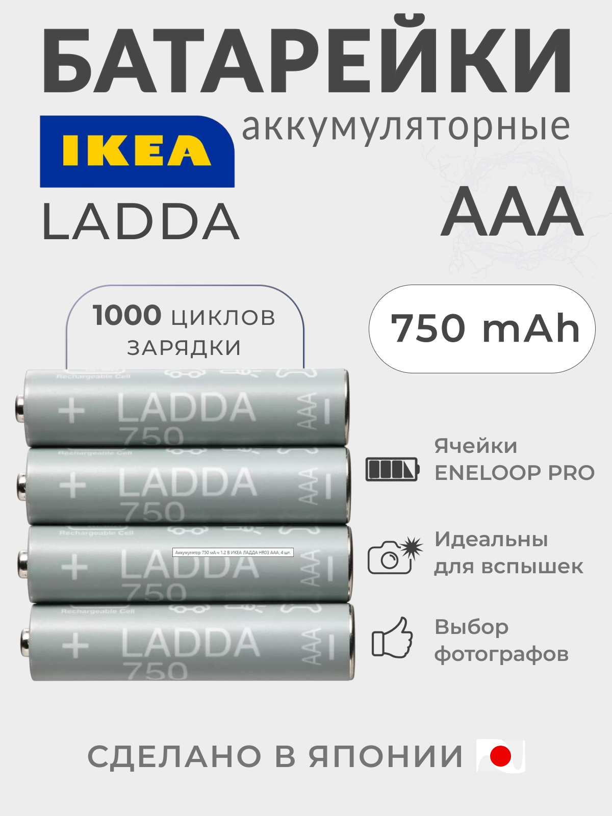 Аккумуляторная батарейка AAA IKEA LADDA Eneloop 750 mAh, 1.2В, 4 шт, Ni-MH 905.098.19 до 1000 зарядок, Япония Ладда