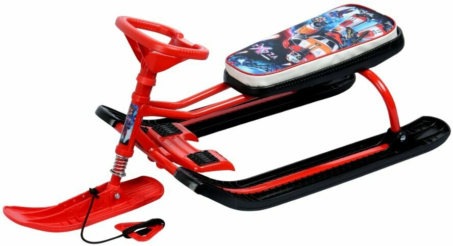 Снегокат детский "Тимка Спорт 2+. Галактический робот" с мягким сиденьем, авторулем и амортизацией, на веревке, 110х49х42 см, нагрузка до 100 кг, от 4 лет, красный