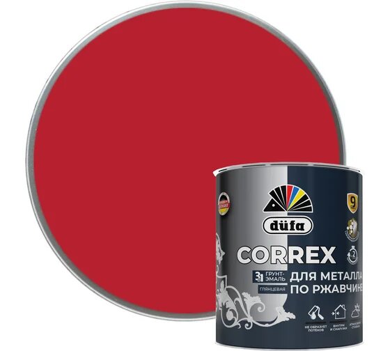 Dufa Грунт-эмаль по ржавчине гладкая Correx 3 в 1 RAL-3001 красный 0,75 л
