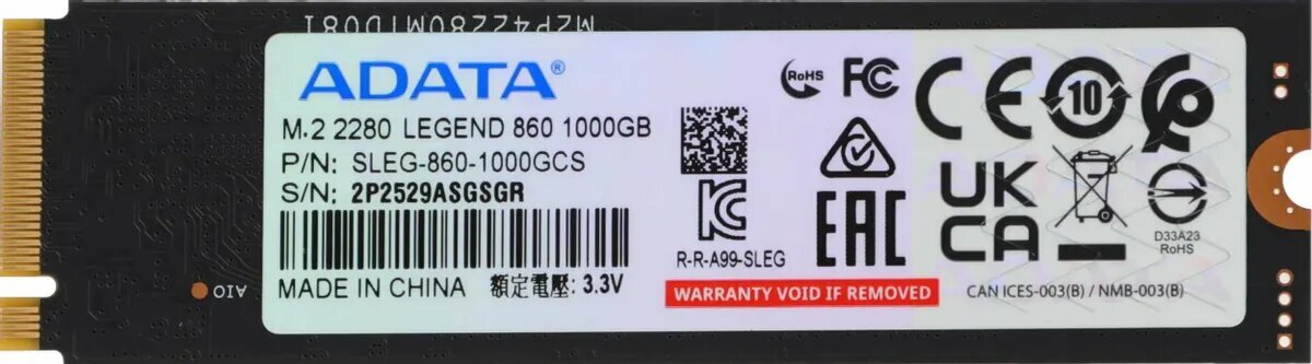 Накопитель SSD A-Data PCIe 4.0 x 1TB SLEG-860-1000GCS Legend 860 M.2 2280