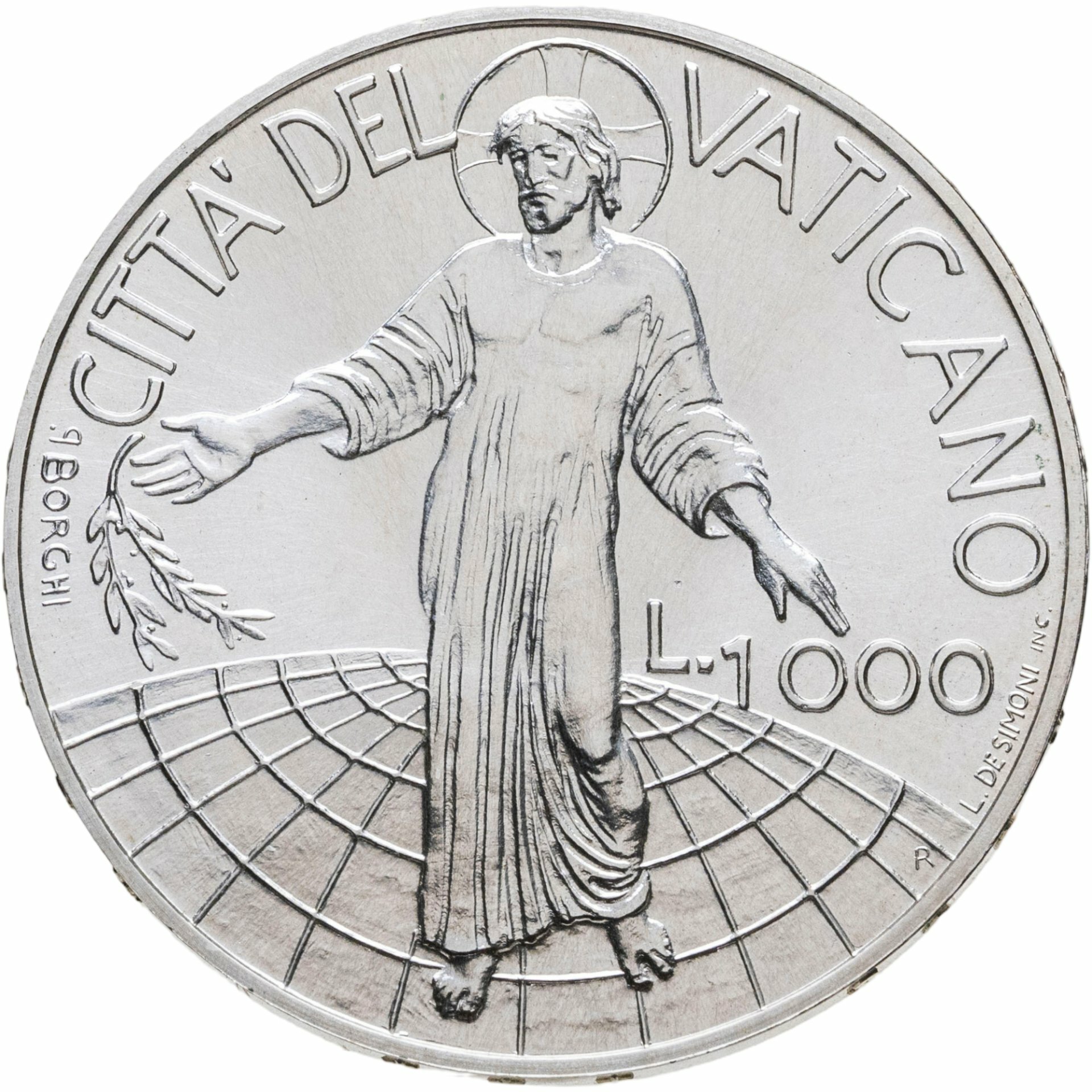 Ватикан 1000 лир 1998 "20-й год правления Иоанна Павла II", Серебро 835, в сохранности UNC