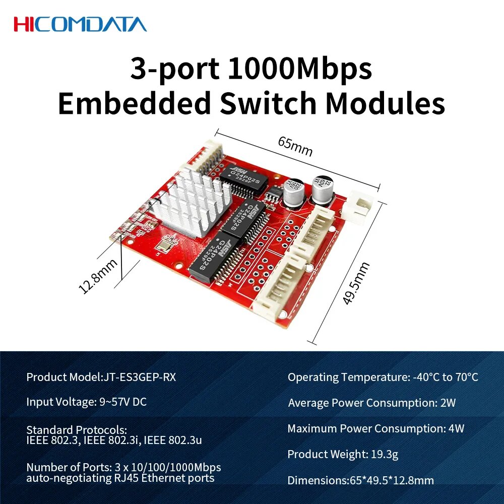 3-Port 1000Mbps Embedded Switch Module JT-ES3GEP-RX