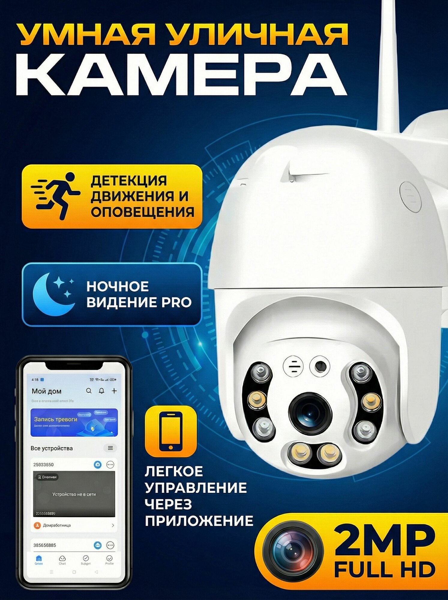 Камера видеонаблюдения беспроводная Wi-Fi для дома и дачи/ Уличная поворотная iP для квартиры, гаража, двора купольная с ночным видением инфракрасная наружная через телефон онлайн вай фай