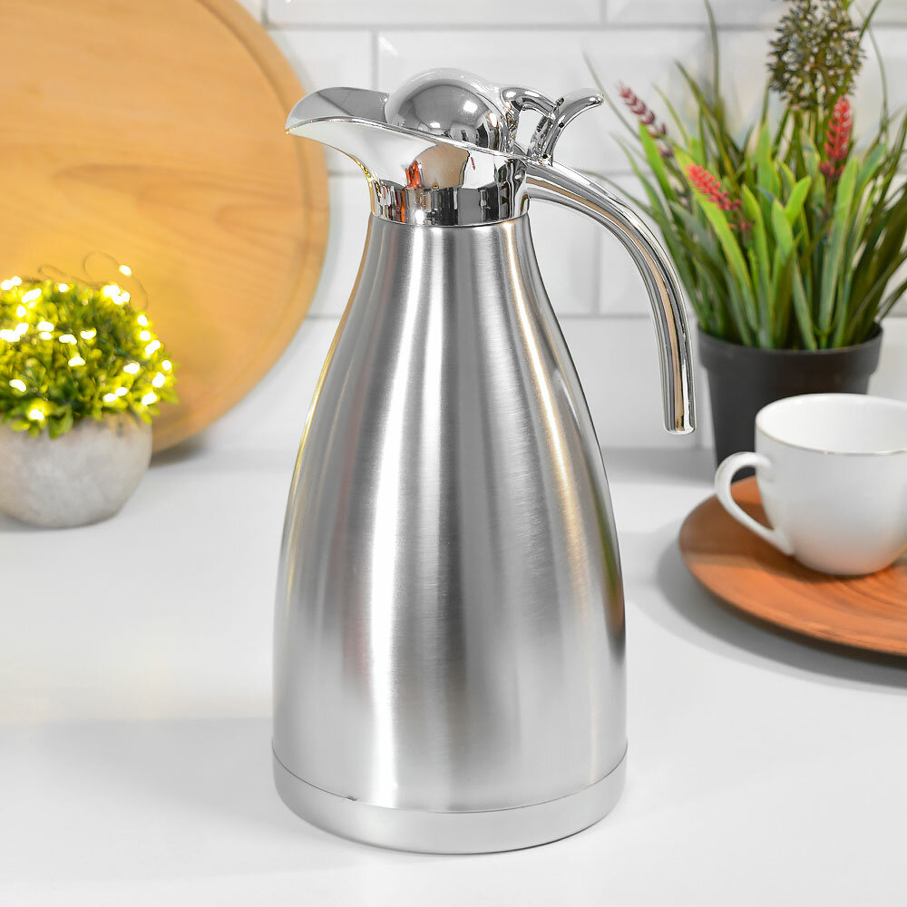 Термос-кувшин 2 л из нержавеющей стали, герметичная крышка, серебристый