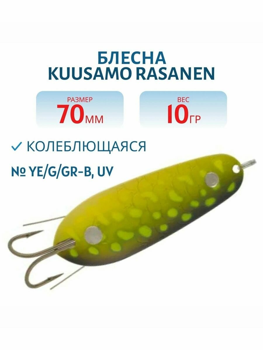Блесна Kuusamo Rasanen 70мм 10г Незацепляйка# цвет YE/G/GR-B, UV