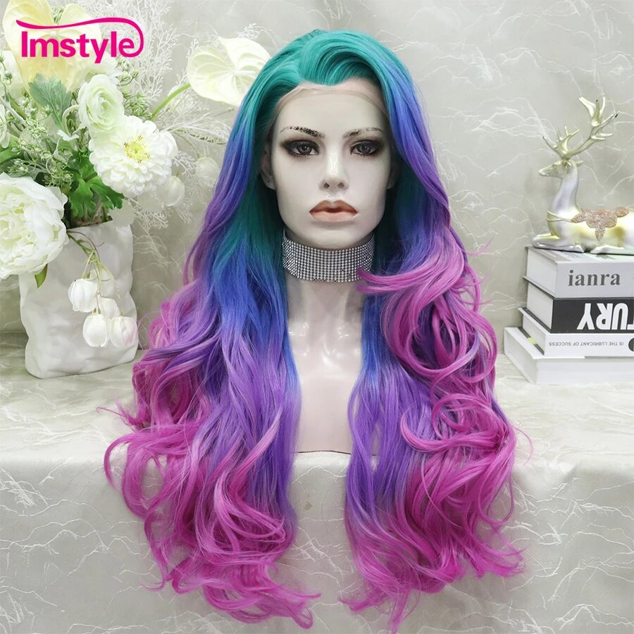 Imstyle Ombre Красочный Синтетический Парик Фронта Шнурка Зеленый Синий Розовый Фиолетовый Парик Многоцветный Термостойкое Волокно Длинные Парики Для Женщин