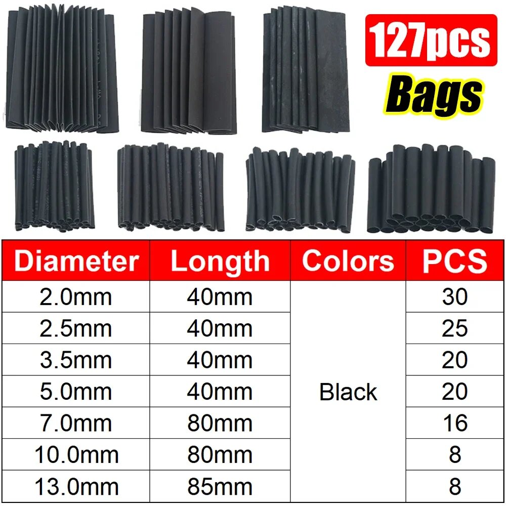 Термоусадочные трубки набор черный PE 1300/127 шт. 127pcs- bag