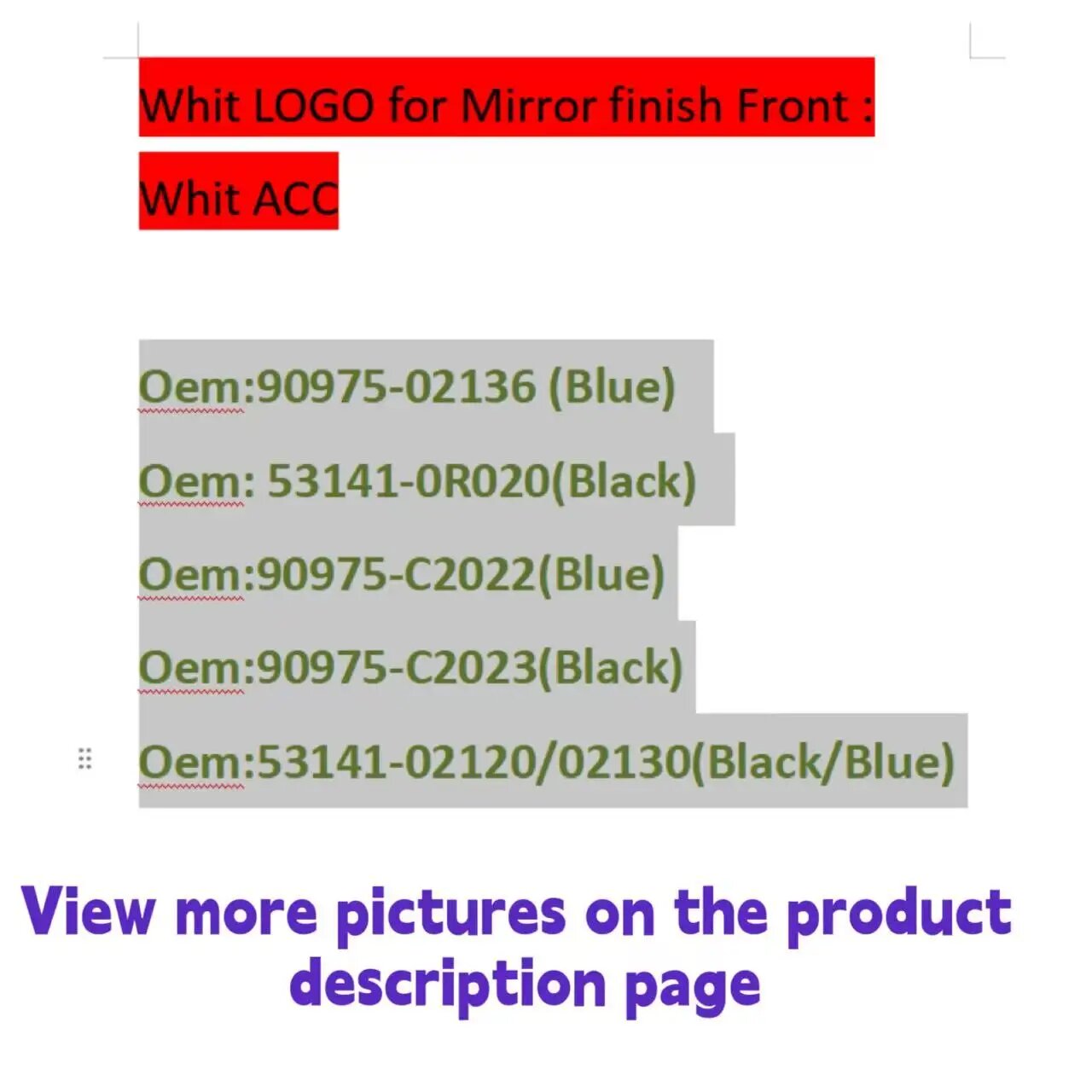 Белая эмблема ACC OEM для передней решетки радиатора, номера 90975-02136, 90975-02136 Blue