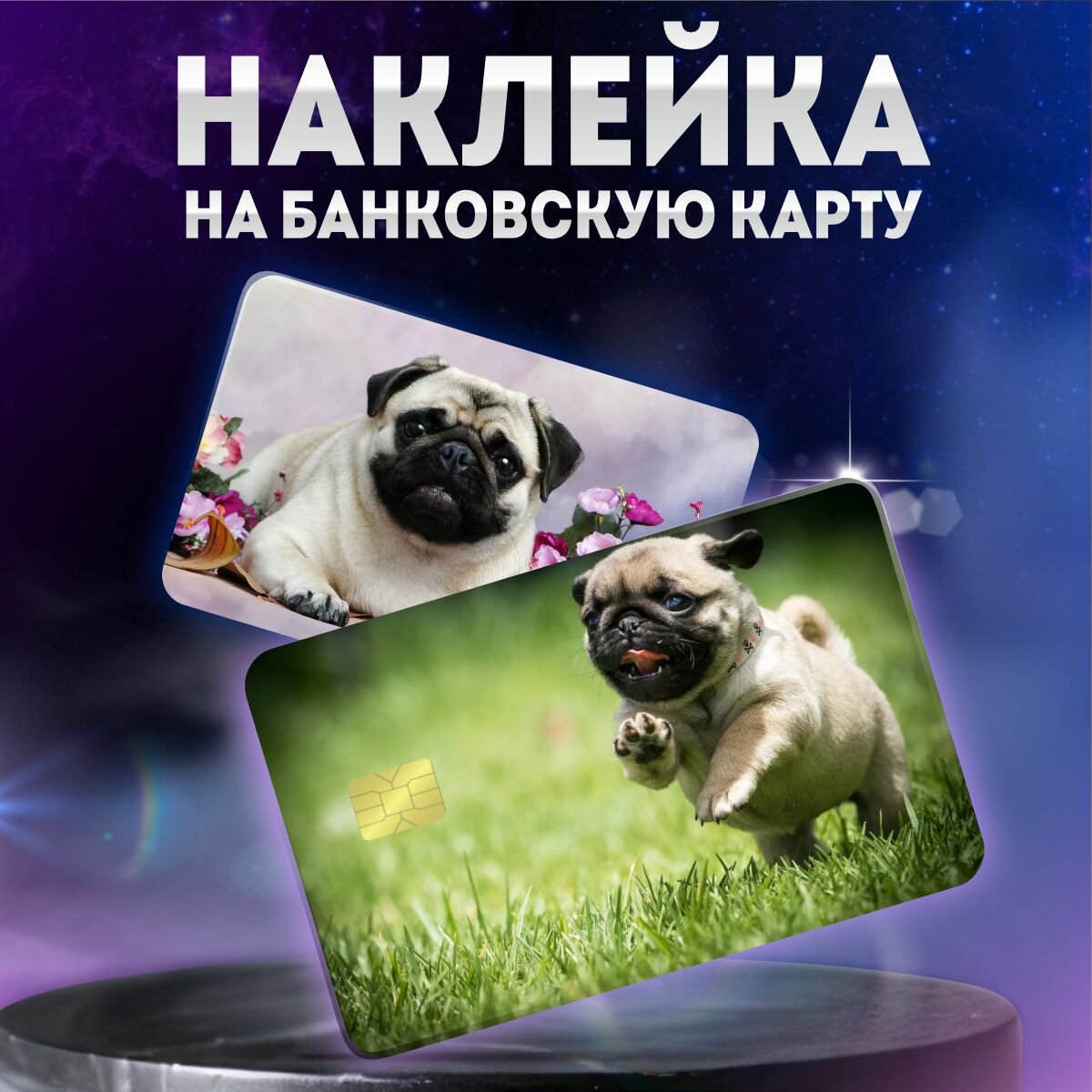 Наклейка на банковскую карту собачки мопсвлагостойкая, яркая печать, аксессуар