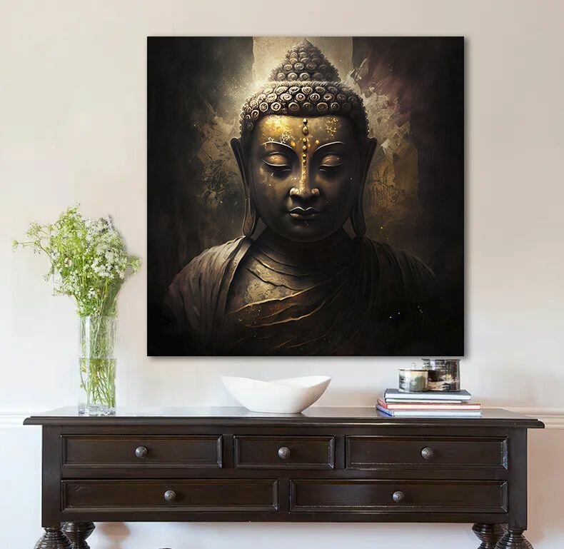 Картина "Будда", на подрамнике, на холсте, 60x60 см, экологичные чернила, деревянная рама