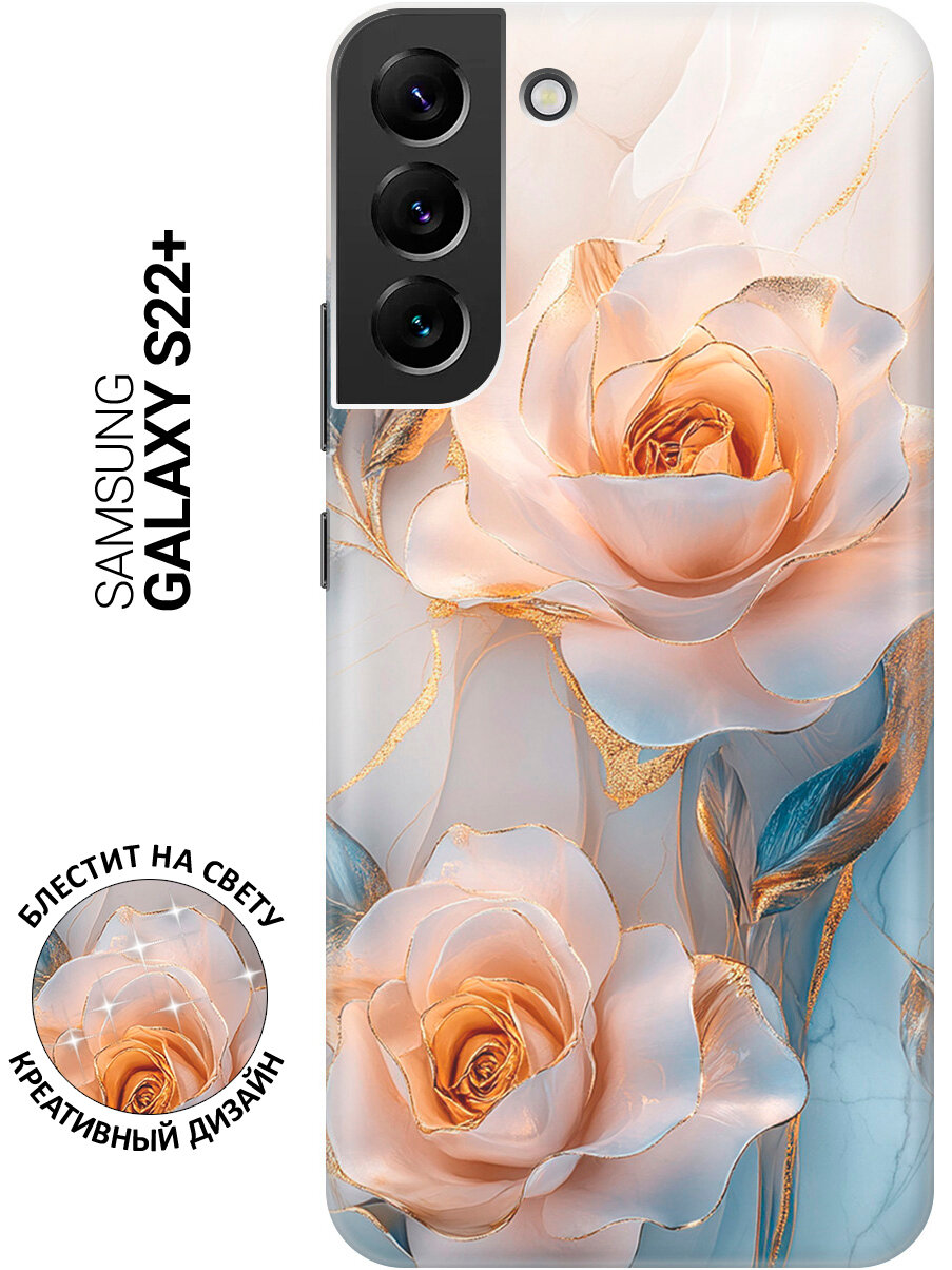 Силиконовый чехол на Samsung Galaxy S22+ с принтом "Белые розы на мраморе"