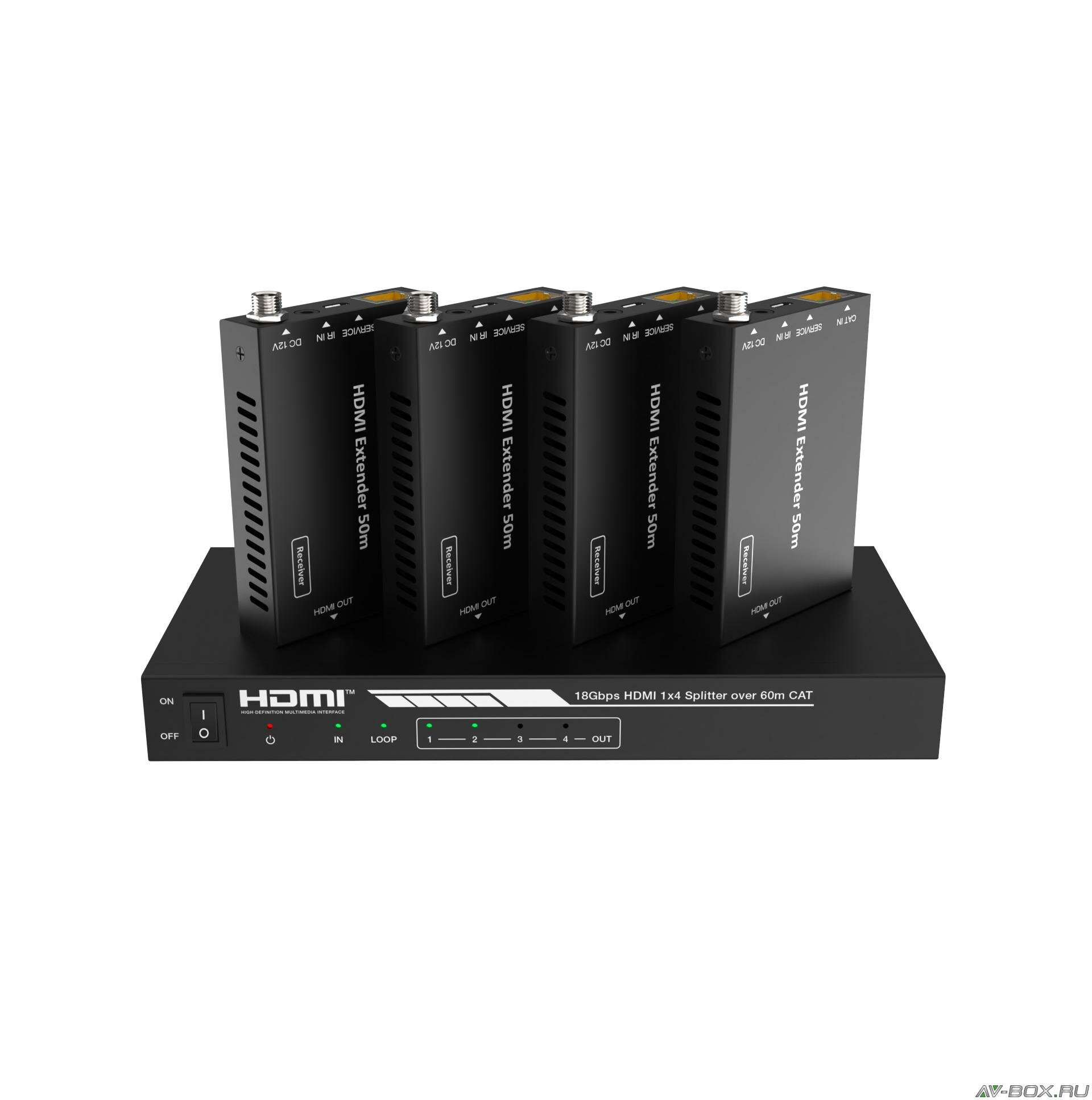 AV-BOX TS-SP1X4 Усилитель-распределитель HDMI 1×4, 18 Гбит/с с удлинителями до 60 м