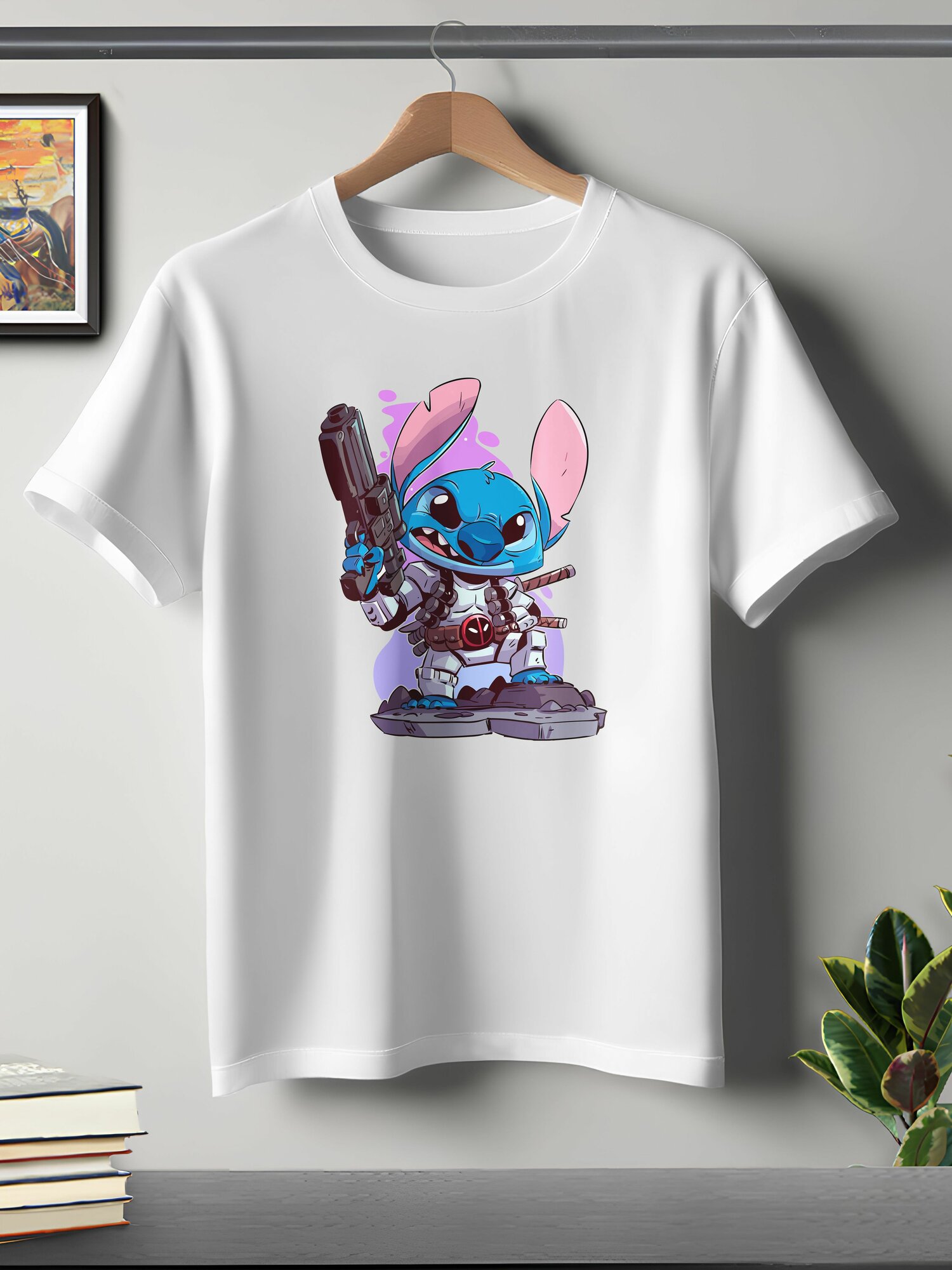 Футболка  Детская ONEQ 110 (5-6) размер с принтом Стич-Дэдпул, белая