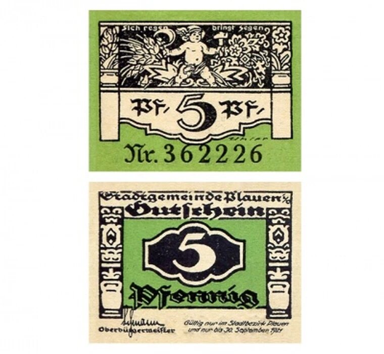 Нотгельд 5 пфеннигов 1921 Германия, Плауэн, сувенирная копия, банкноты и купюры редкие коллекционные