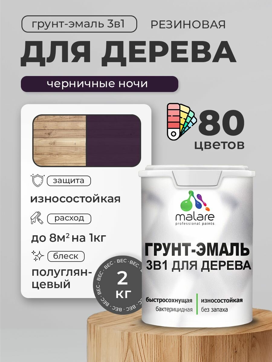 Резиновая Грунт-Эмаль 3 в 1 Malare для деревянных поверхностей/ краска по дереву с антисептическим эффектом/ быстросохнущая моющаяся без запаха полуглянцевая, черничные ночи, 2 кг
