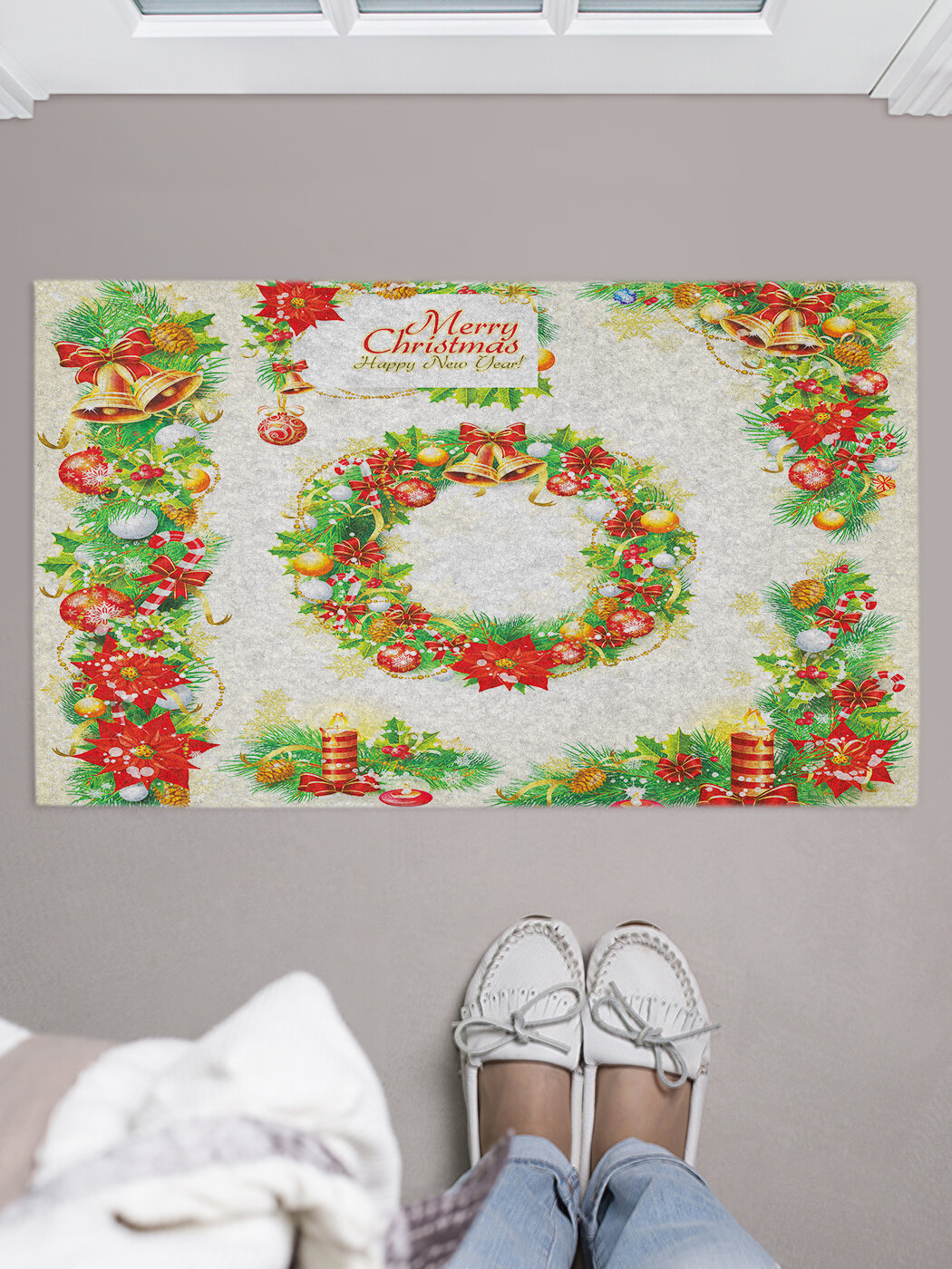 Коврик придверный в прихожую с принтом "Новогодние венки" 45 на 75 см , JoyArty, серия Новый год