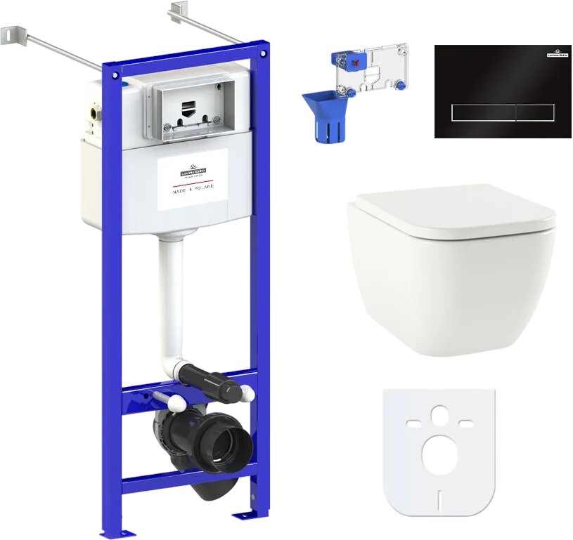 Комплект Lavinia Boho Унитаз подвесной One Compacto 3302102C / Крышка-сиденье One 33290200 с микролифтом / Инсталляция RelFix 38010020, Кнопка RelFix 380501MB матовая черная, хром, Дозатор RelFix 38040010