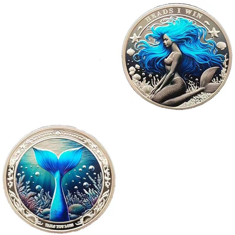 Памятная монета «Фантазия с русалками» – двусторонняя железная монета с гравировкой «Орел – победа, решка – проигрыш» и изображением русалки на морскую тематику. Красочная коллекционная монета для демонстрации или коллекционирования.
