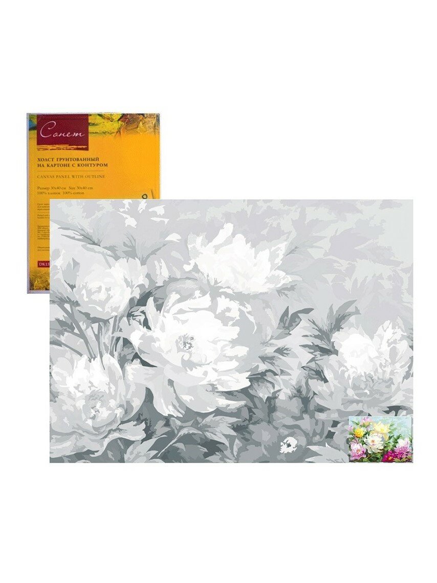 Холст на картоне для рисования с эскизом "Пионы" 30х40см, 100% хлопок