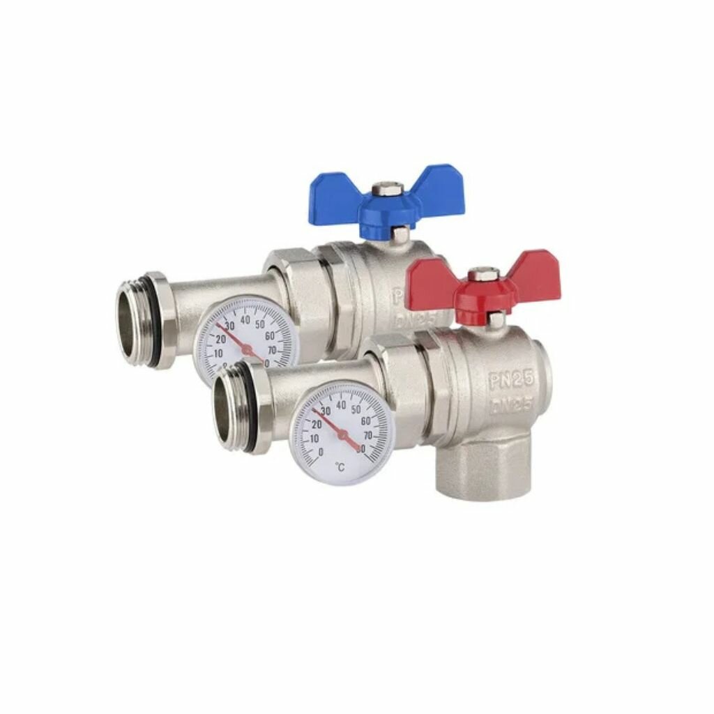 Шаровой кран ViEiR, пара, латунь, угловой, с термометром, 1", с накидной гайкой