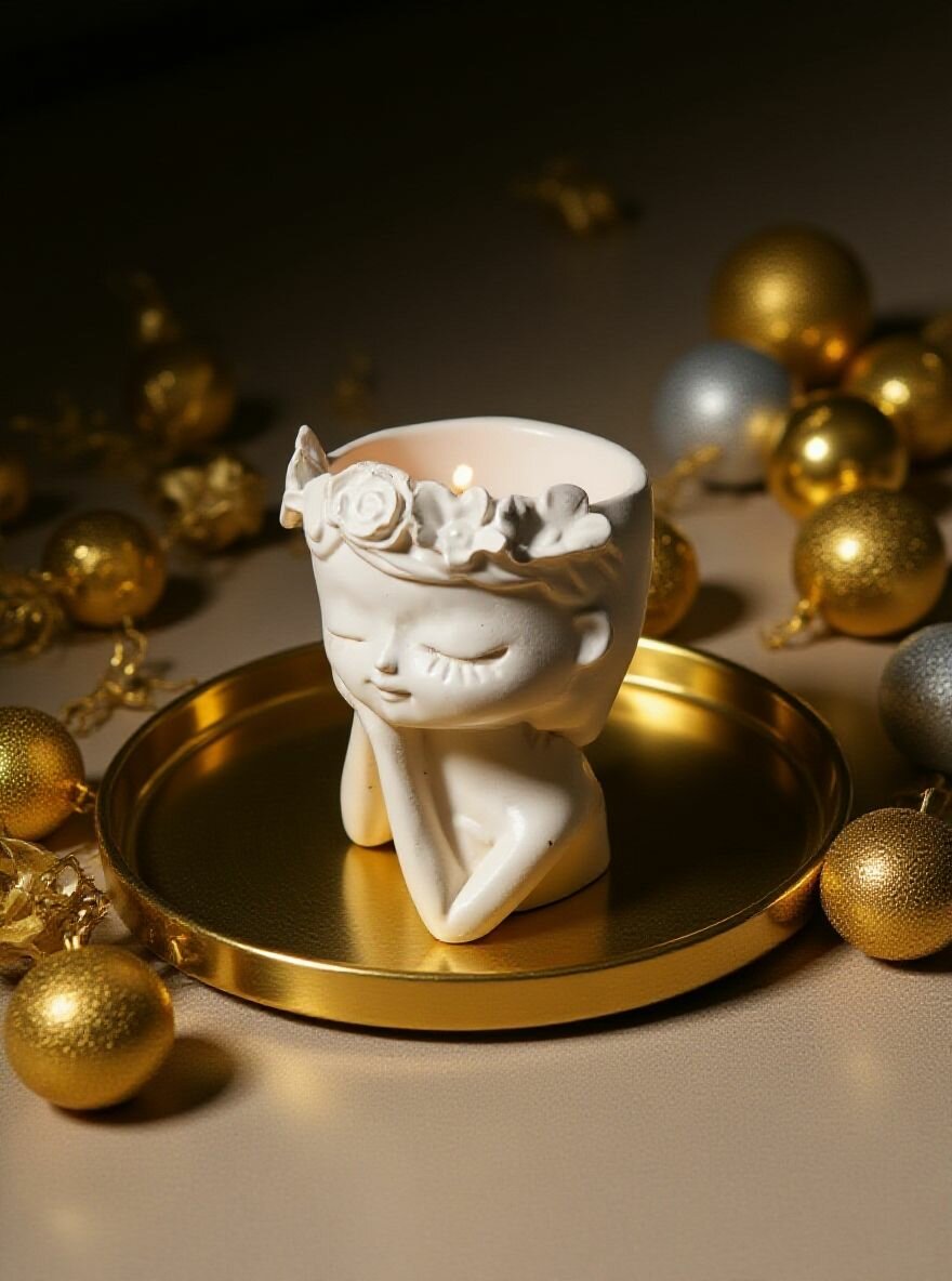 Кашпо девушка с цветами на голове со свечой