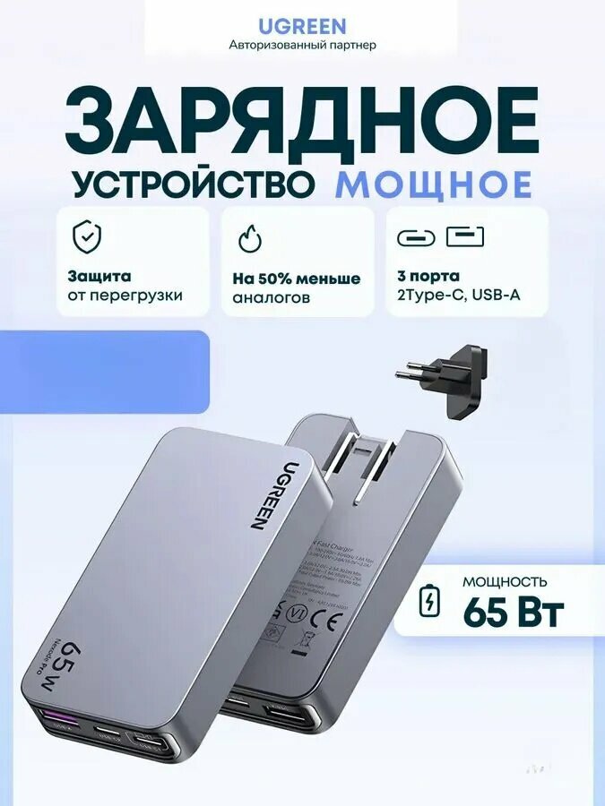 Сетевое зарядное устройство со сменными вилками Nexode Pro Ultra-Slim PD Gan X753 (25356) 65W 2 x Type-C + 1 x USB-A, Серый (для iPhone 16 / 17 iPad MacBook Air Pro Max)