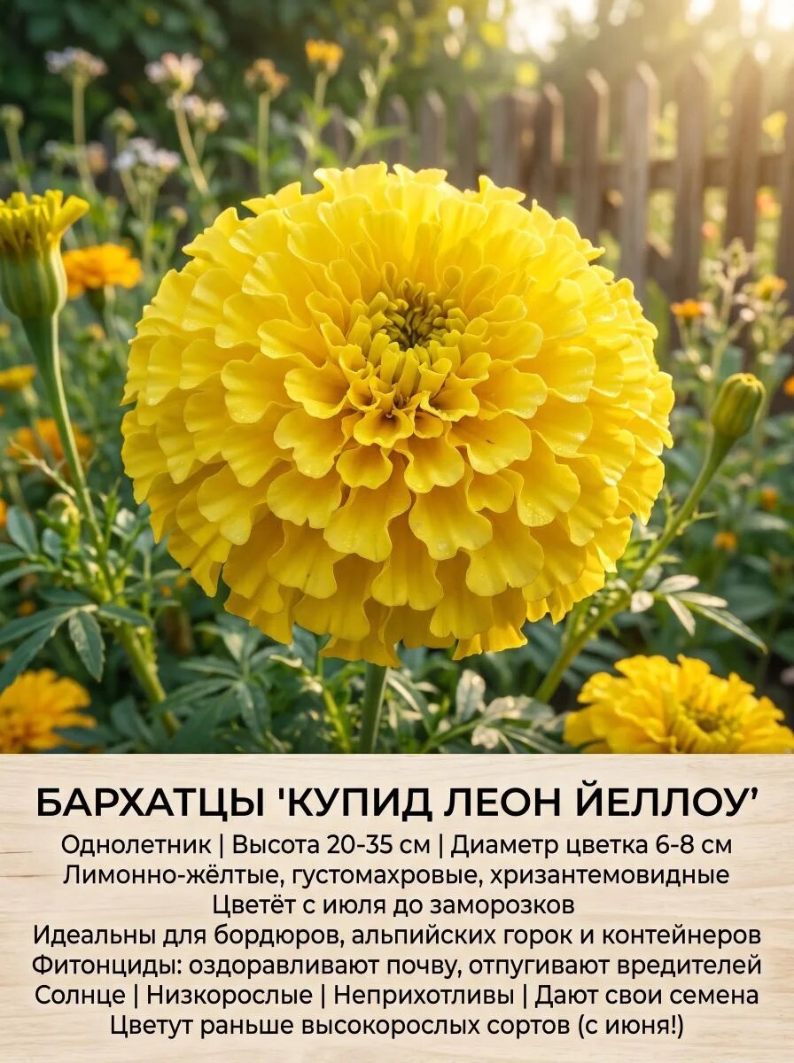 Семена бархатцы прямостоячие Купид Лемон Еллоу (0,2 г) лимонно-жёлтые хризантемовидные, 25-30 см. Низкорослые.