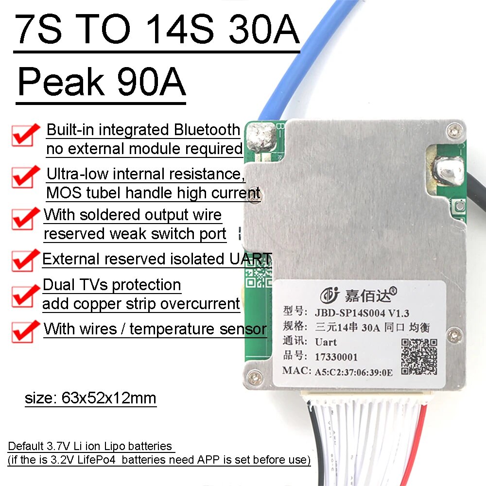 JBD Bluetooth Smart BMS плата защиты литиевой батареи 7S-14S 7S -14S 30A 90Apeak