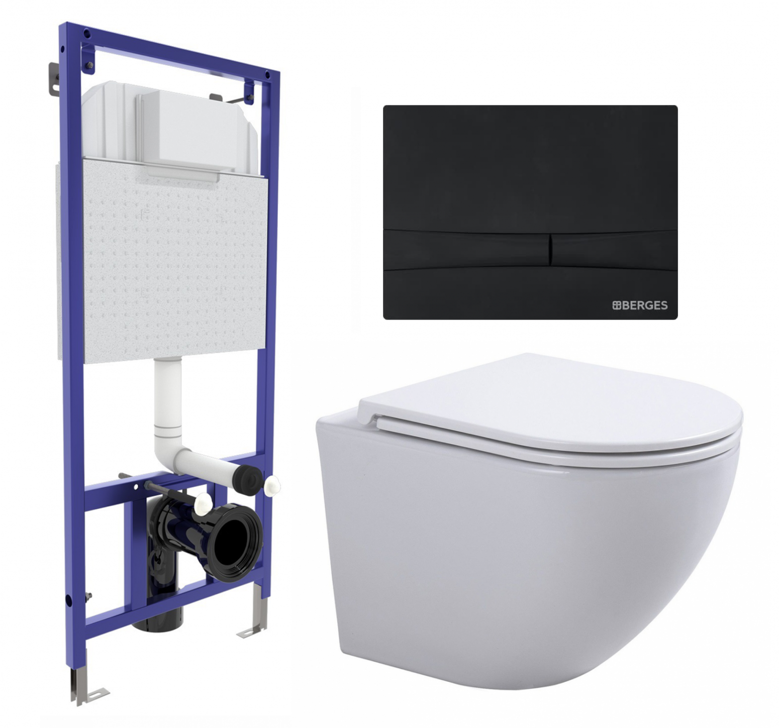 Комплект 3 в 1 инсталляция Berges Wasserhaus Novum 040255 + Подвесной унитаз SinteSi EVI + кнопка черная