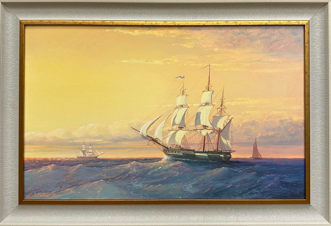 Картина маслом, морской пейзаж "Парусник"