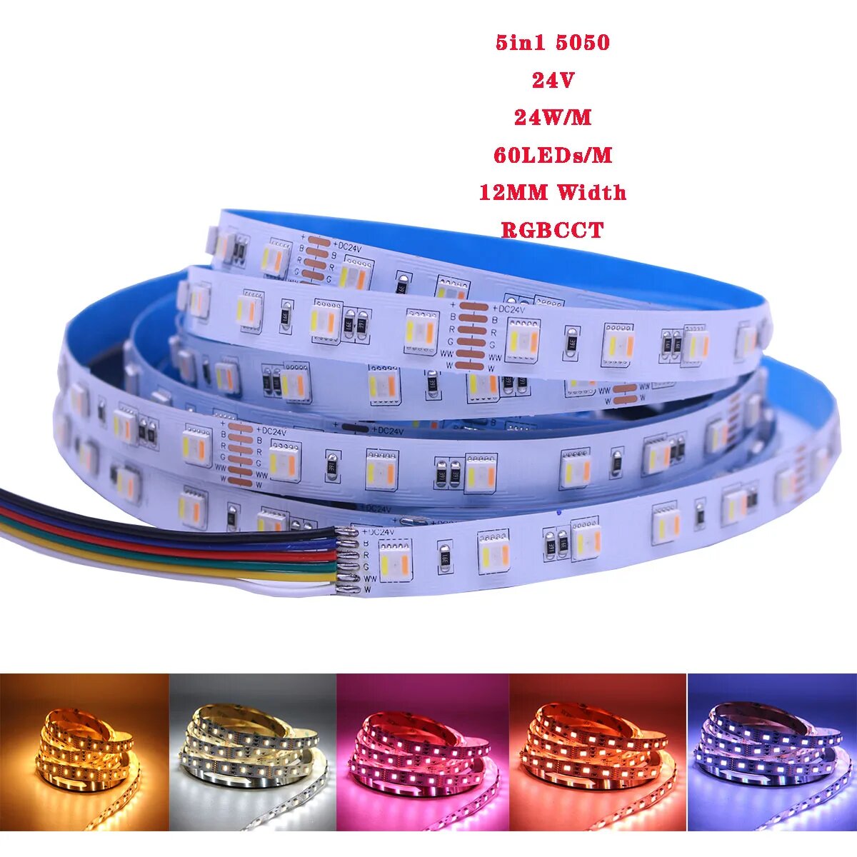 Гибкая светодиодная лента Taslauk RGB+CCT RGBCCT RGBWW 5050 5M 24V 60LEDs, Waterproof IP65